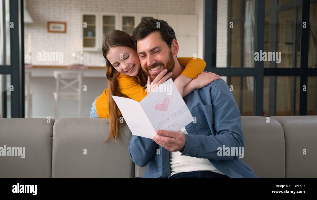 Carefree Caucasian girl kid surprise guy man father child schoolgirl ...