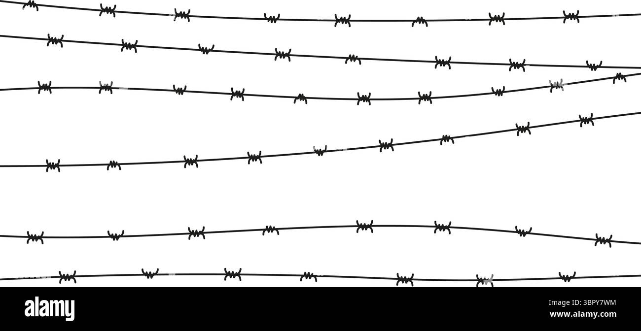 Barbed wire vector fence. Metal barbwire border chain in silhouette style. Prison, war, or ...