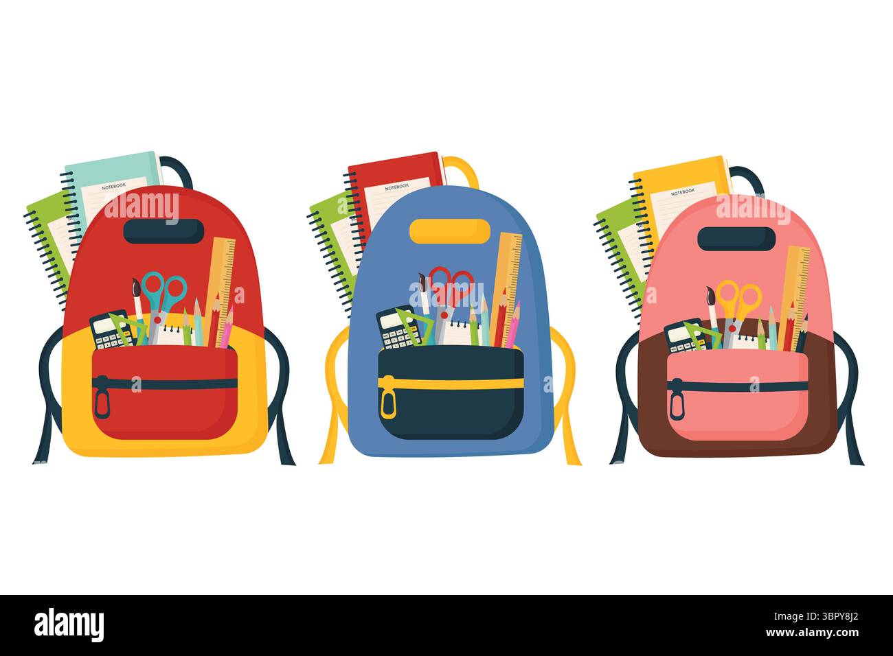 Back to School Backpacks with Stationery Set Vector Illustration Stock ...