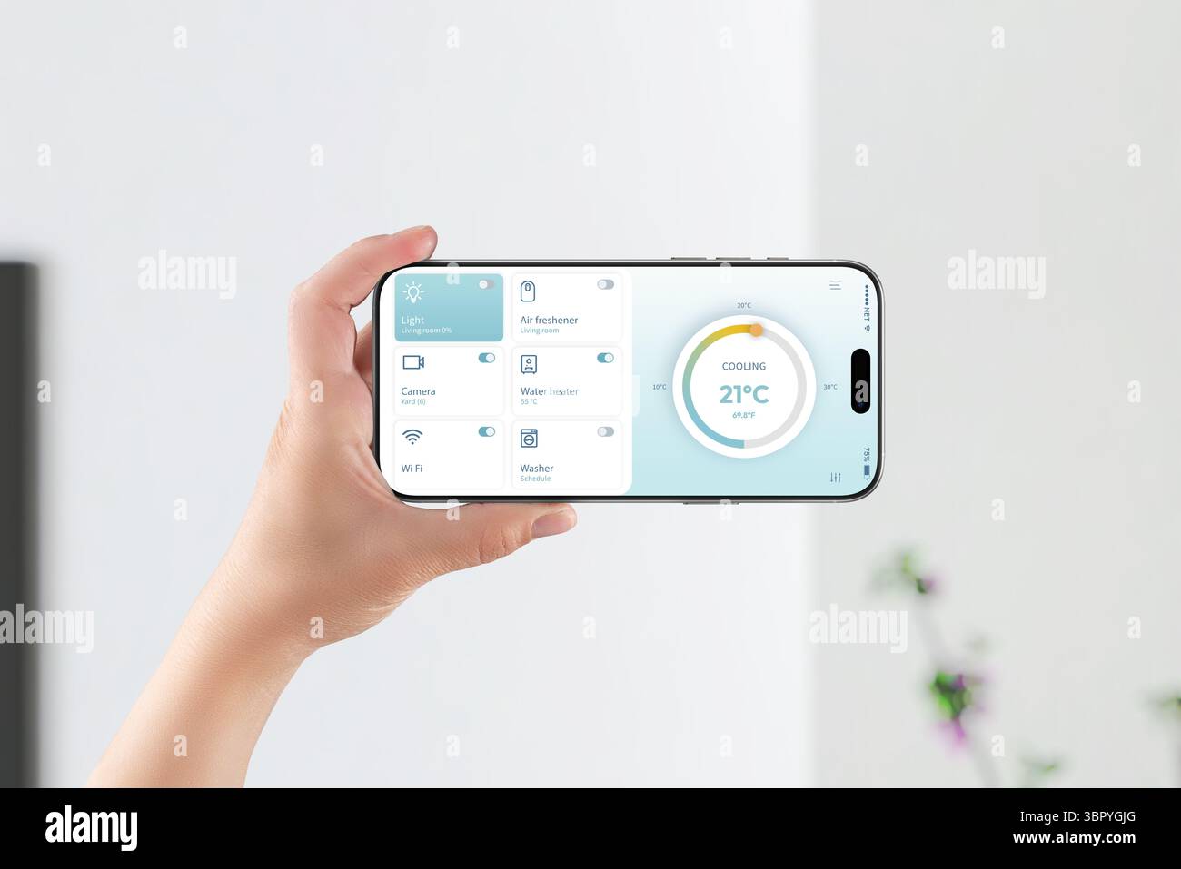 Horizontal smartphone view with smart home dashboard showing cooling ...