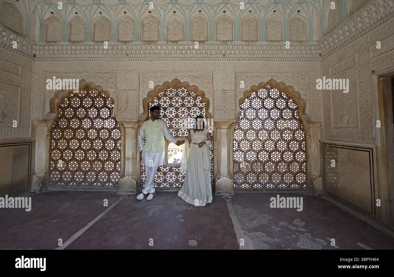 Indian Bride And Groom At Amber Fort Or Fortress Jaipur Rajasthan
