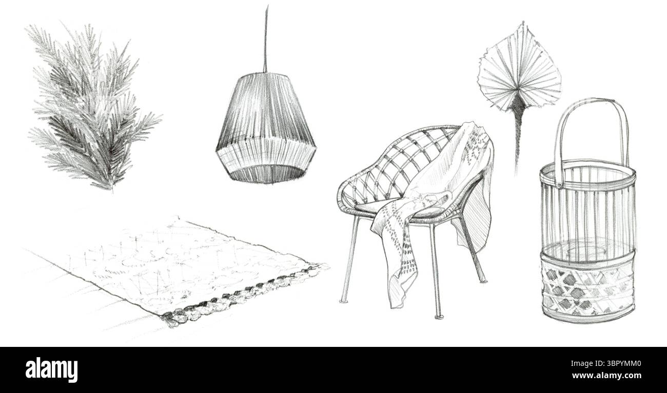 Boho interior details and furniture. Pencil sketch. Set of hand drawn ...
