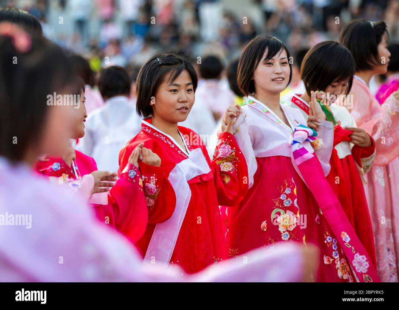North Korean students during a mass dance performance, DGC, Pyongyang ...