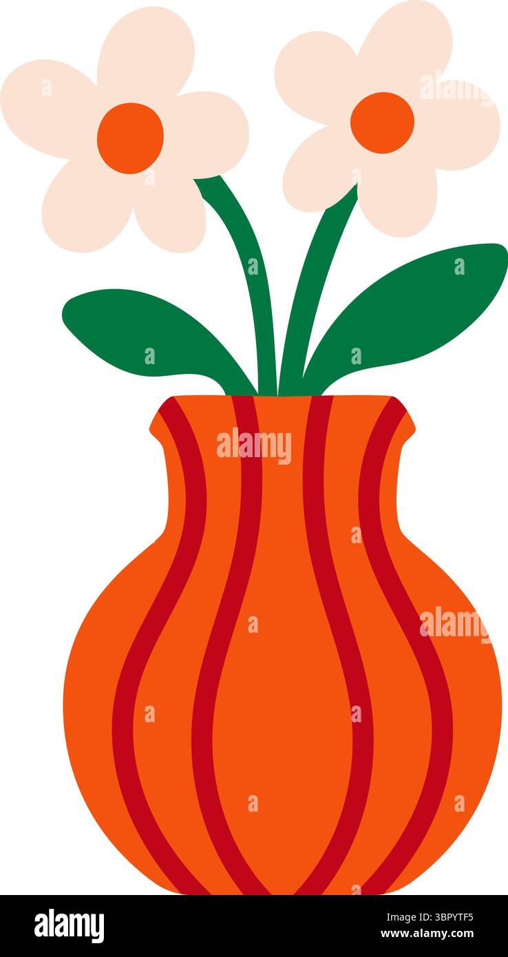 Orange vase with wavy pattern and white flowers. Decorative floral ...