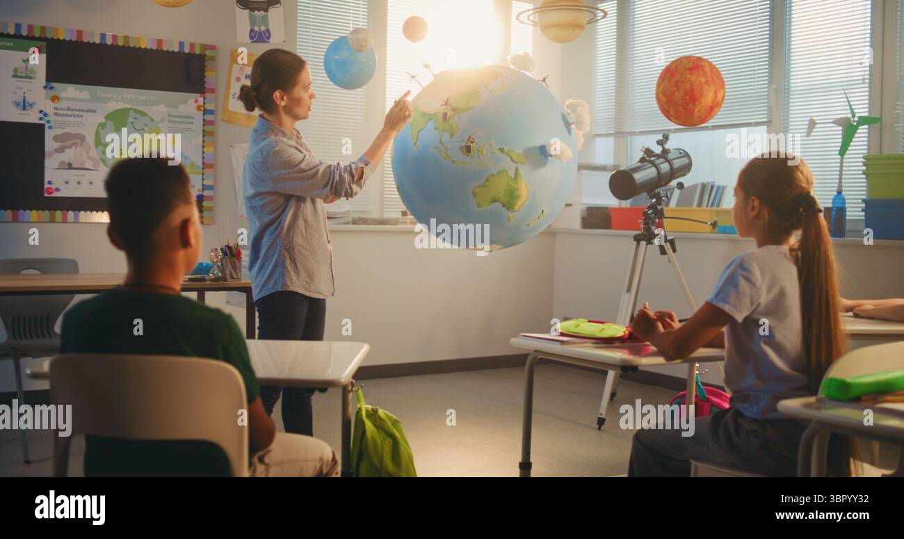 Science Lesson: Female Teacher Educating Smart Kids Using Model of ...