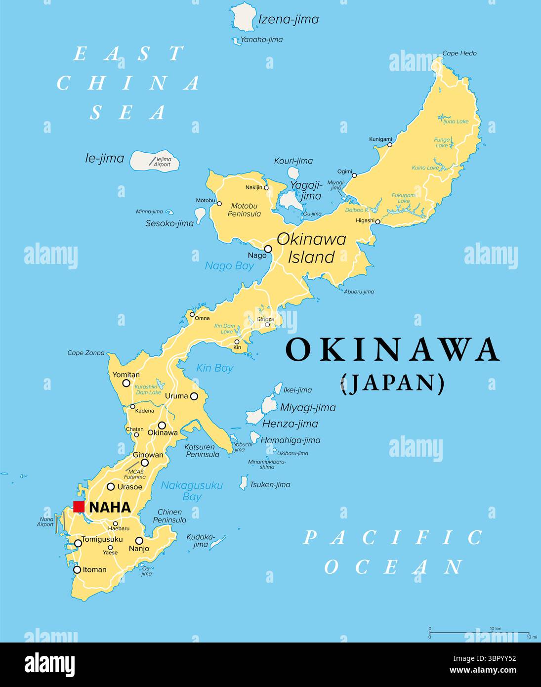 Okinawa Island, Japan, political map. One of the five main islands of Japan, and largest of the ...