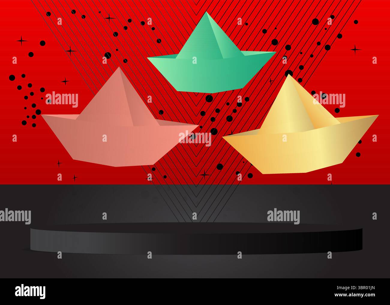 Mockup product display with paper ship. Vector cylinder pedestal podium ...