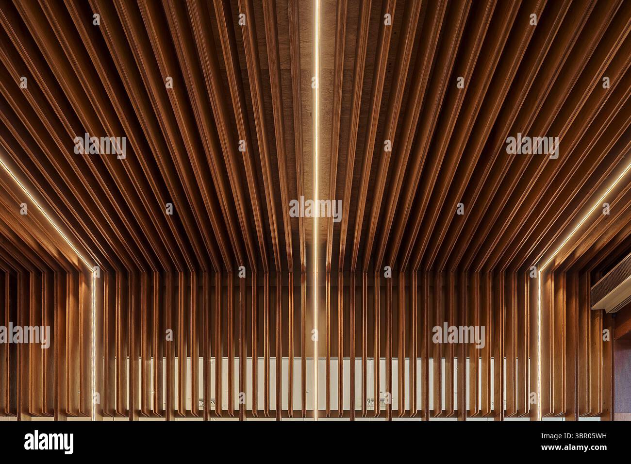 Symmetrical worm's eye view of a modern ceiling made of wooden slats. A ...