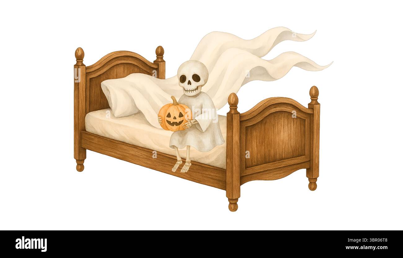 Skeleton Hugging Pumpkin in Haunted Bed – Halloween Watercolor ...