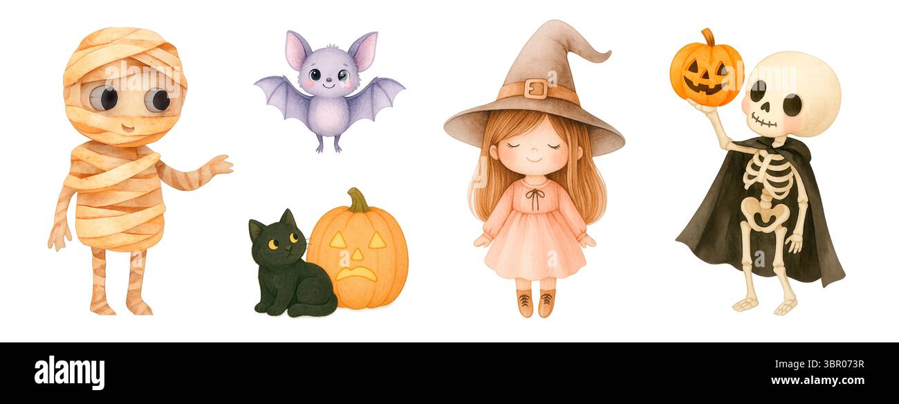 Cute Halloween Characters – Witch, Mummy, Skeleton, Bat, Cat and ...