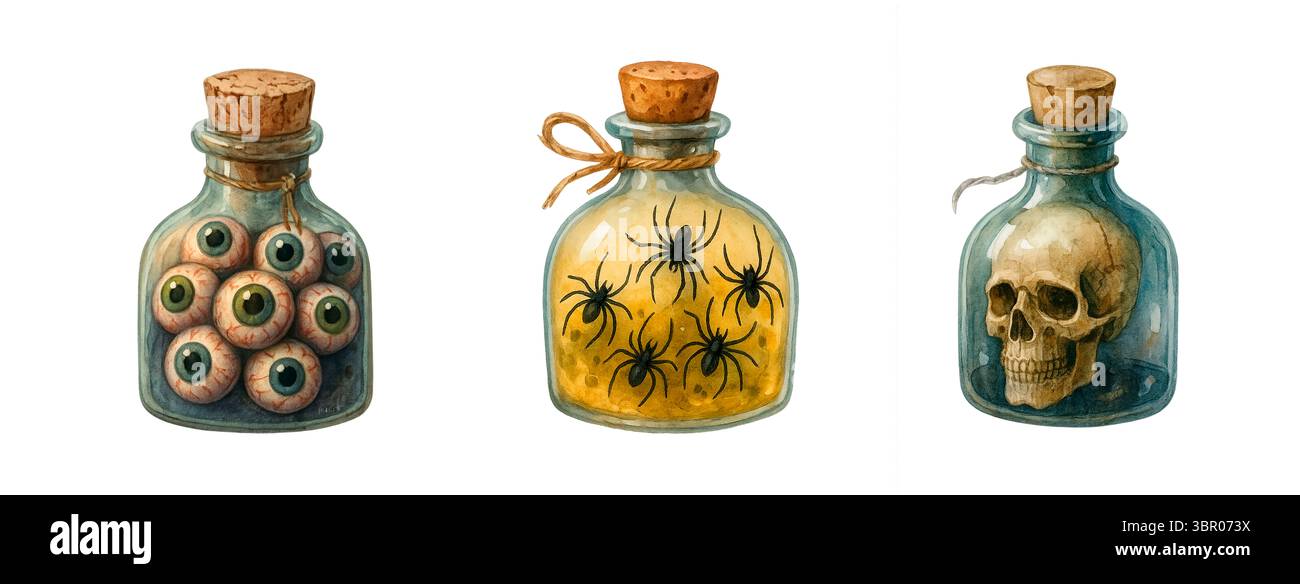 Halloween Potion Bottles Set – Eyeballs, Spiders, Skull – Watercolor ...