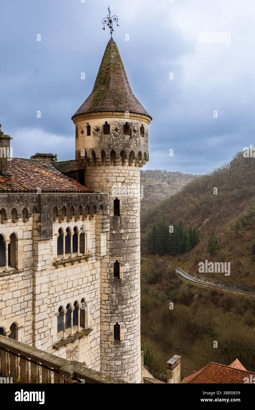 Tall and narrow medieval tower of the Sanctuary of the Blessed Virgin ...