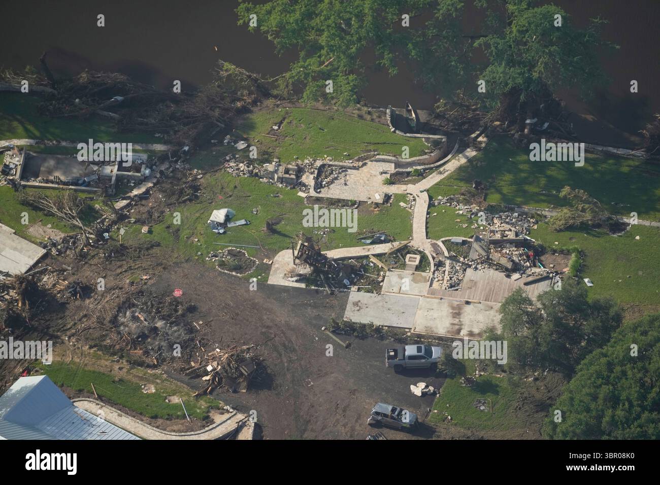This aerial photo shows a structure that was destroyed by the flooding ...