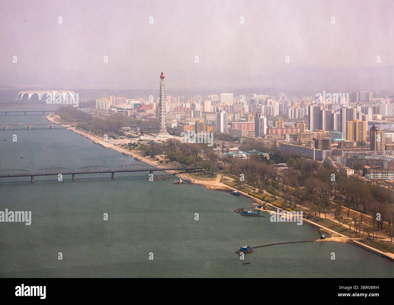 The Juche tower on Taedong river, DGC, Pyongyang, North Korea Stock ...