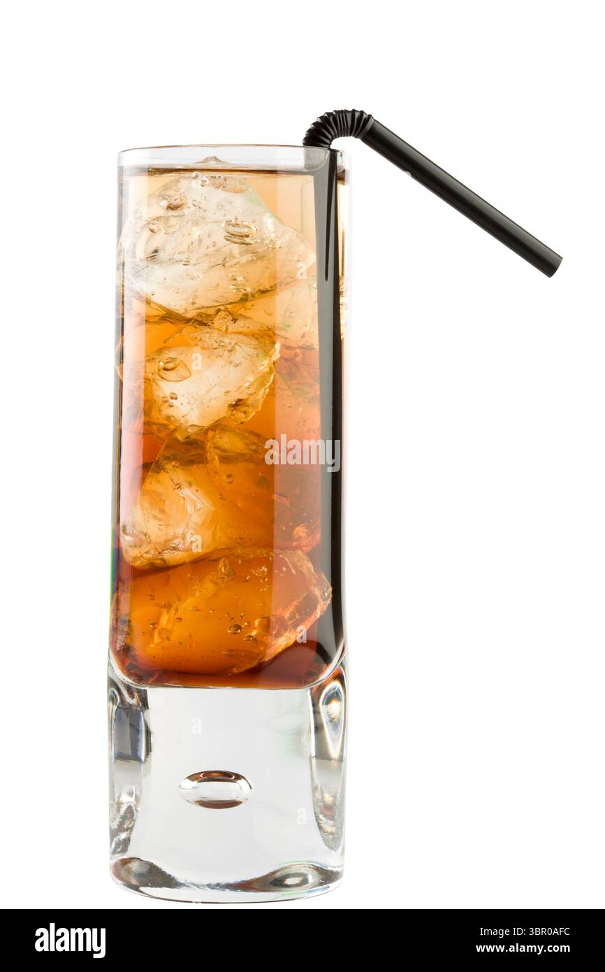 Rum cocktail with ice cubes in highball glass straw on white background ...