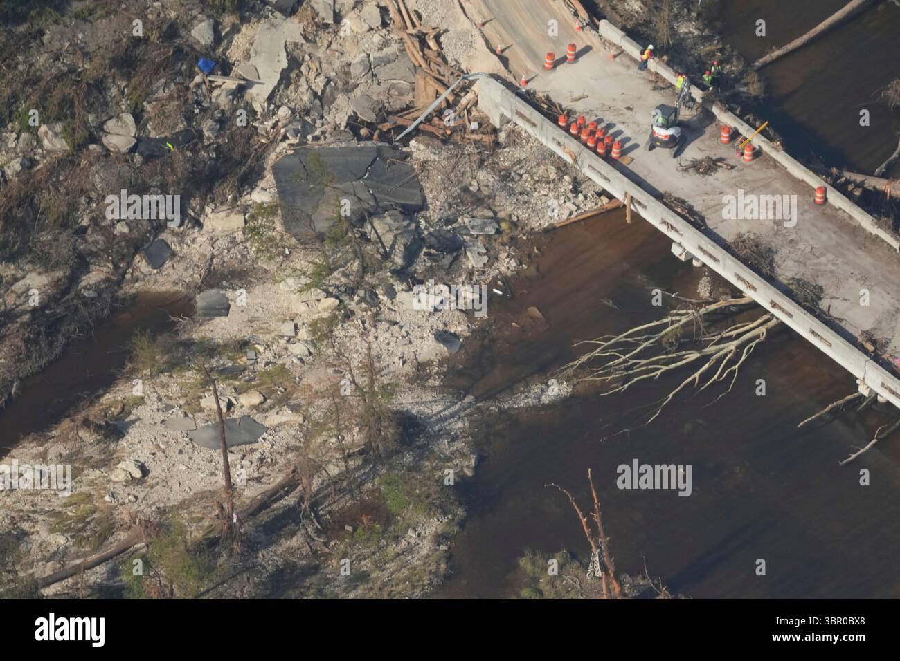 This aerial photo shows damage in Ingram, Texas from the floods along ...