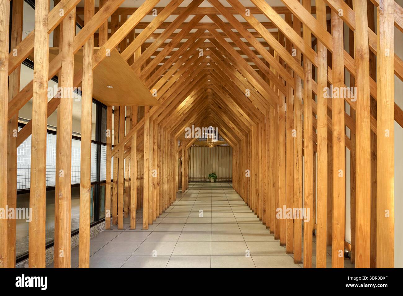 The architectural interior of a long corridor with a rhythmic wood ...