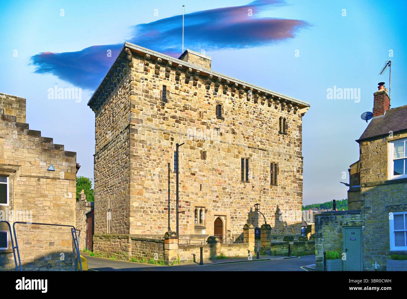 Northumberland Hexham Old Gaol historic monument against deep blue sky ...