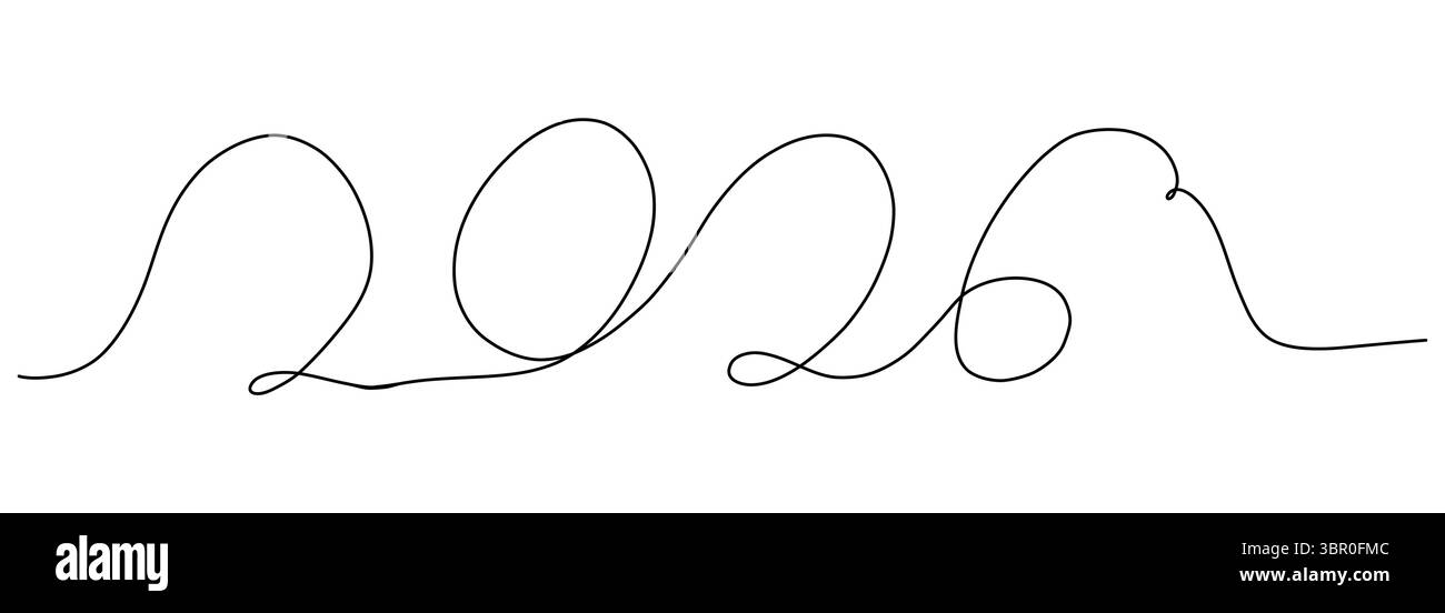New year 2026 line art, contour sketch hand drawn. Continuous linear ...