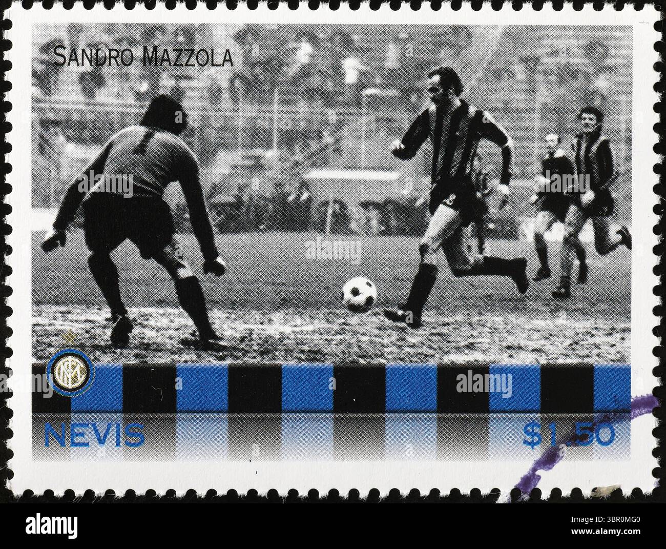 Italian former footballer Sandro Mazzola in action on postage stamp ...