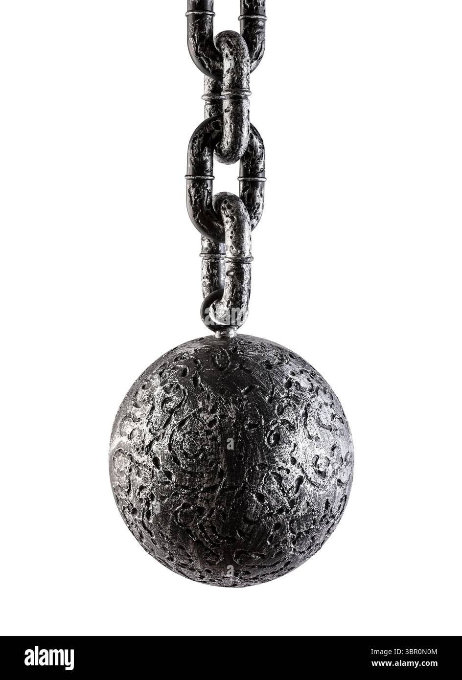 Dark heavy metal ball hanging from a chain isolated on white background ...
