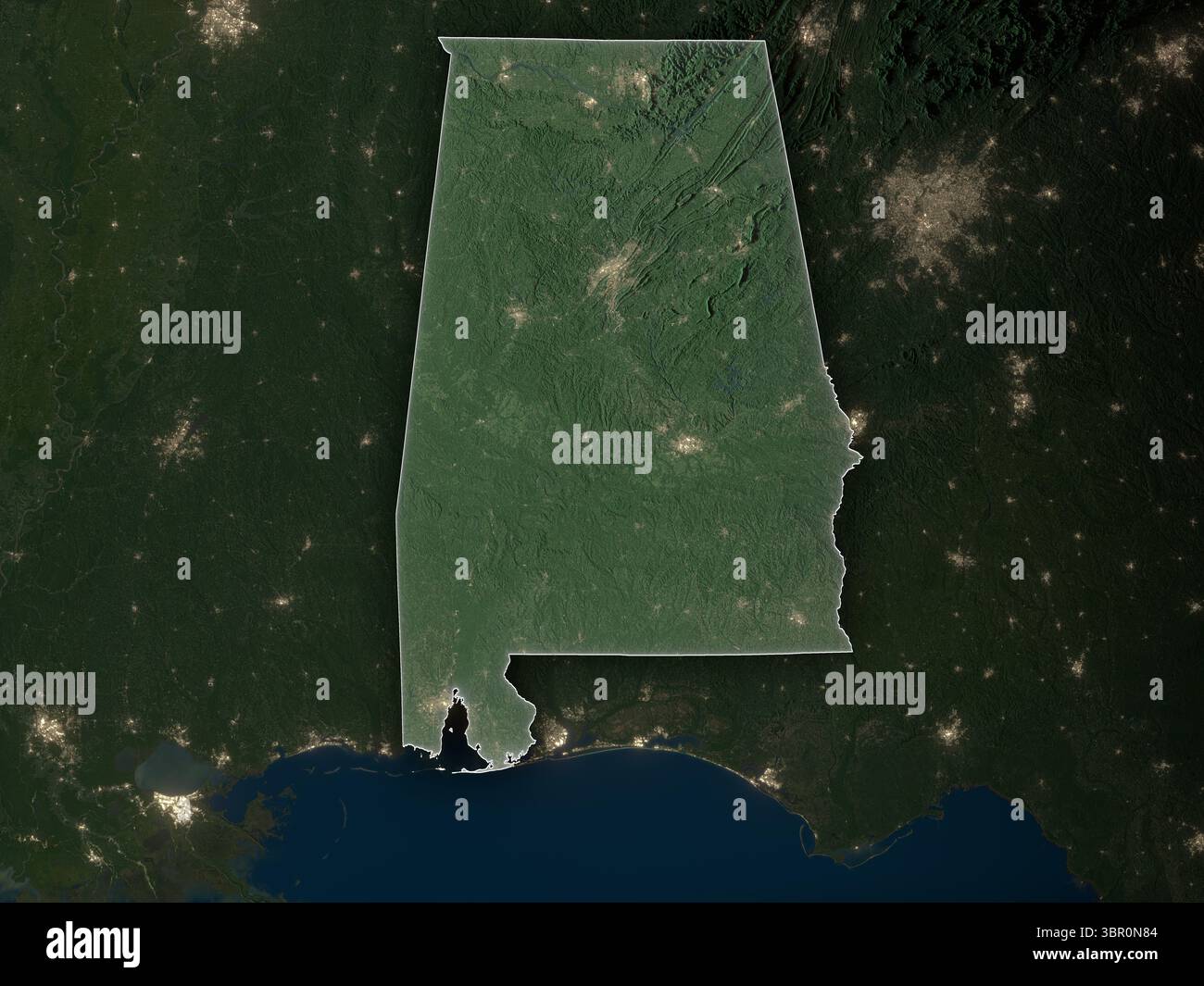 Detailed night map of Alabama with clear state borders and glowing city ...