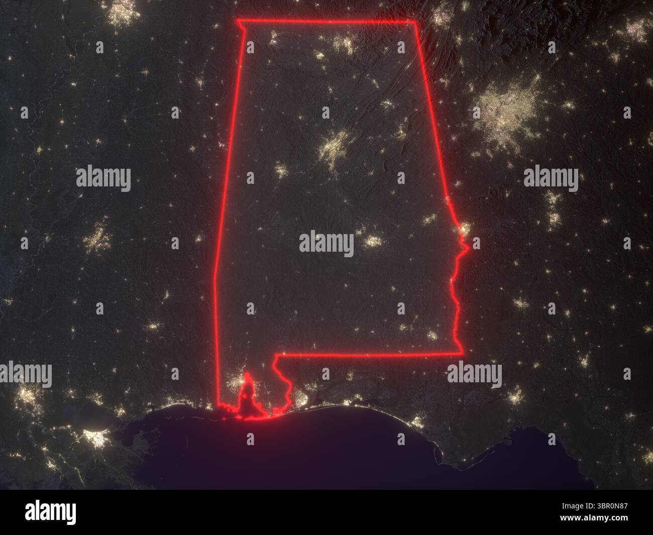 Night map of Alabama with red state borders and glowing bright city ...
