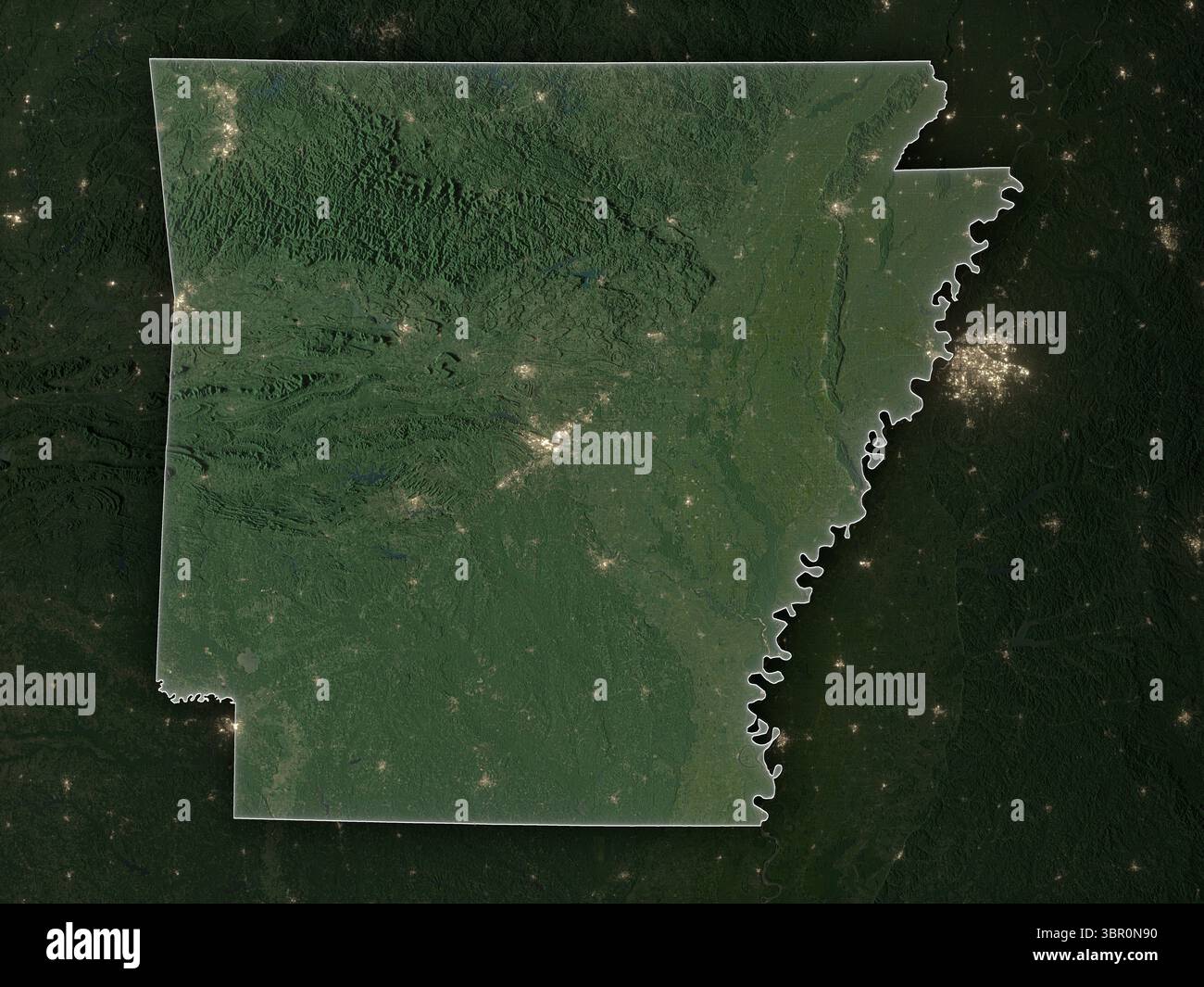Detailed night map of Arkansas with clear state borders and glowing ...