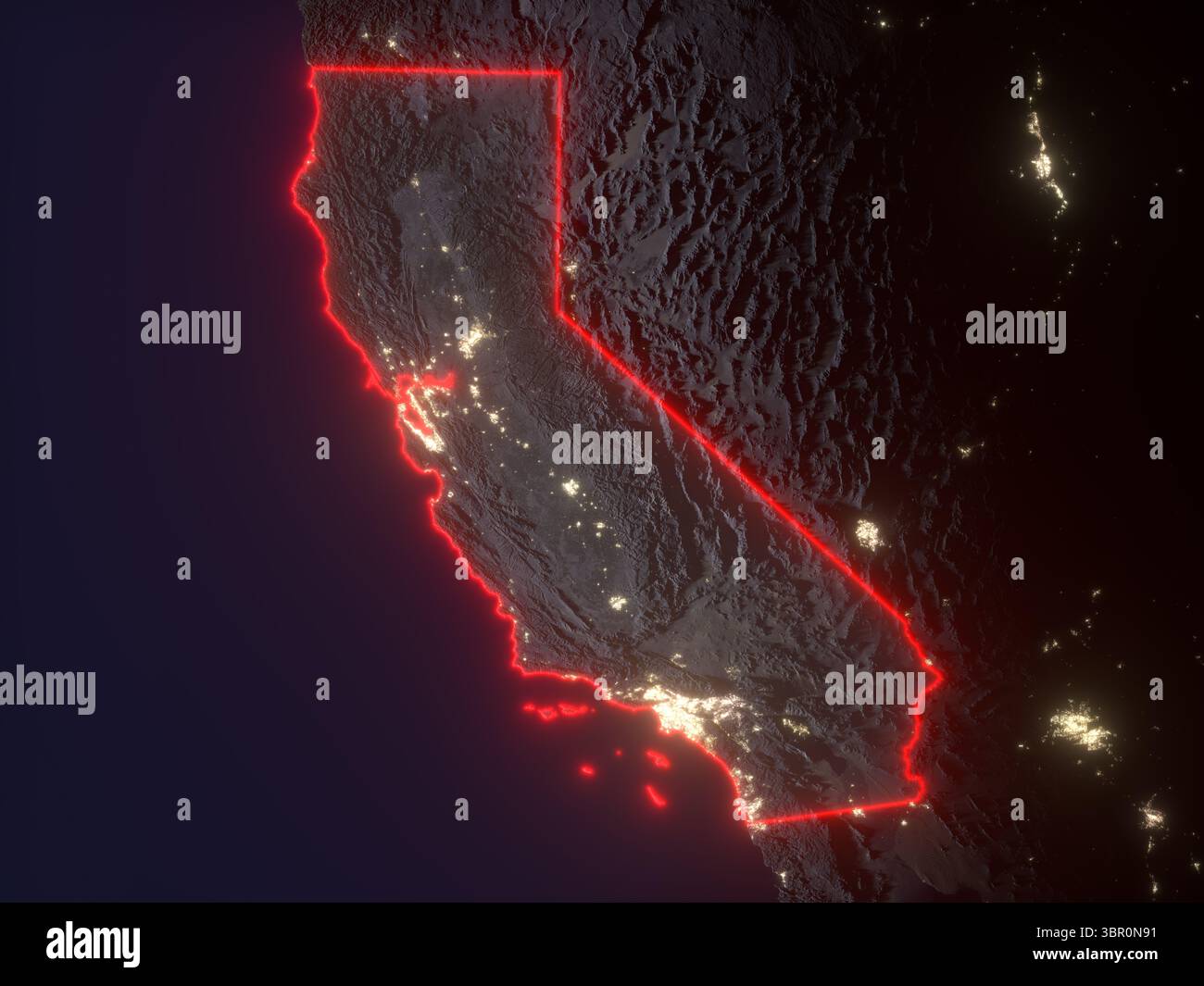 Night map of California with red state borders and glowing bright city ...