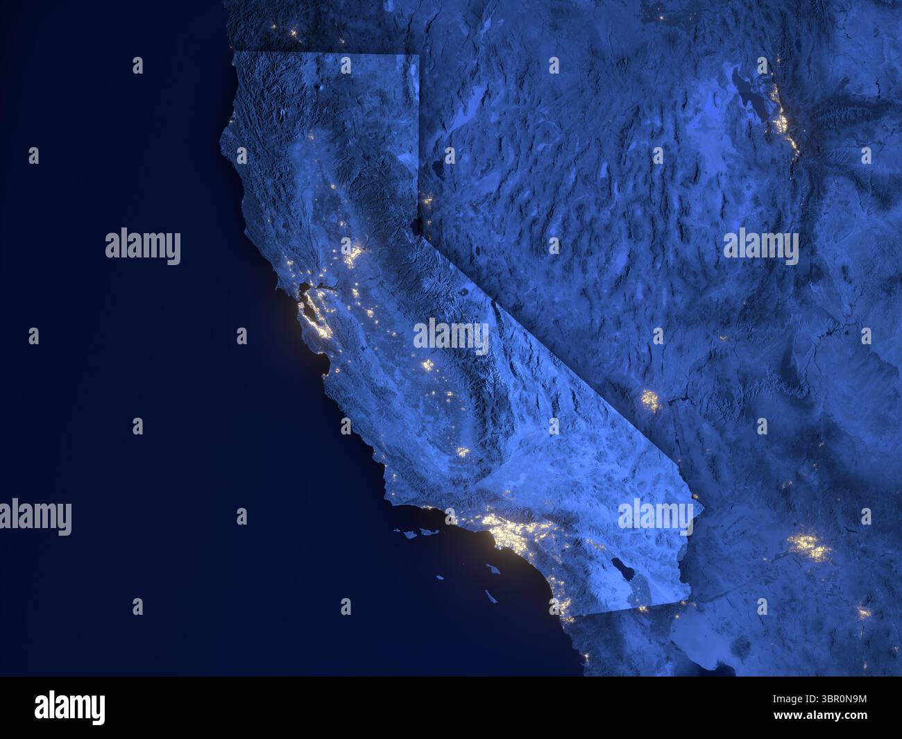 California as seen from space at night with visible state borders ...