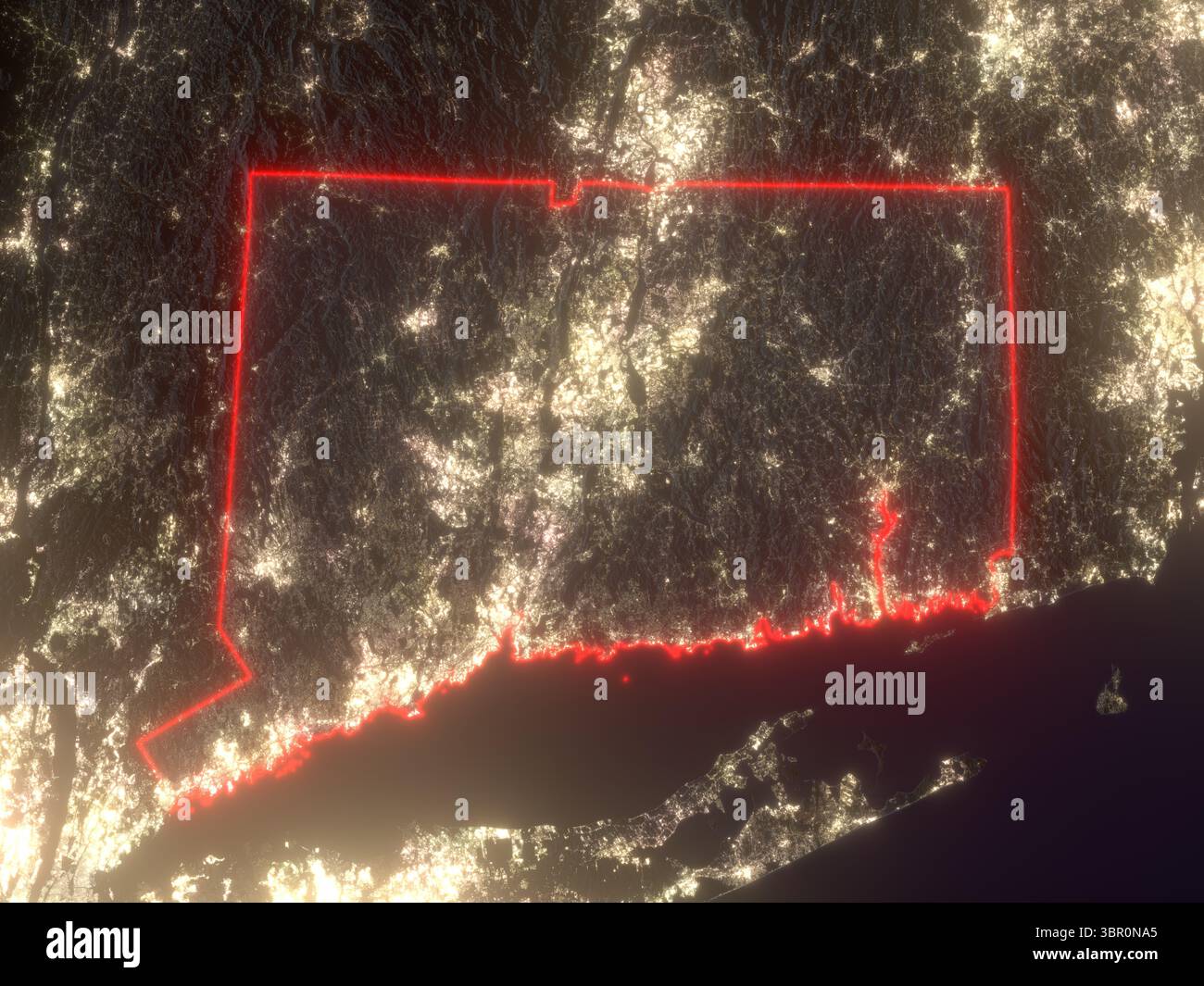 Night map of Connecticut with red state borders and glowing bright city ...