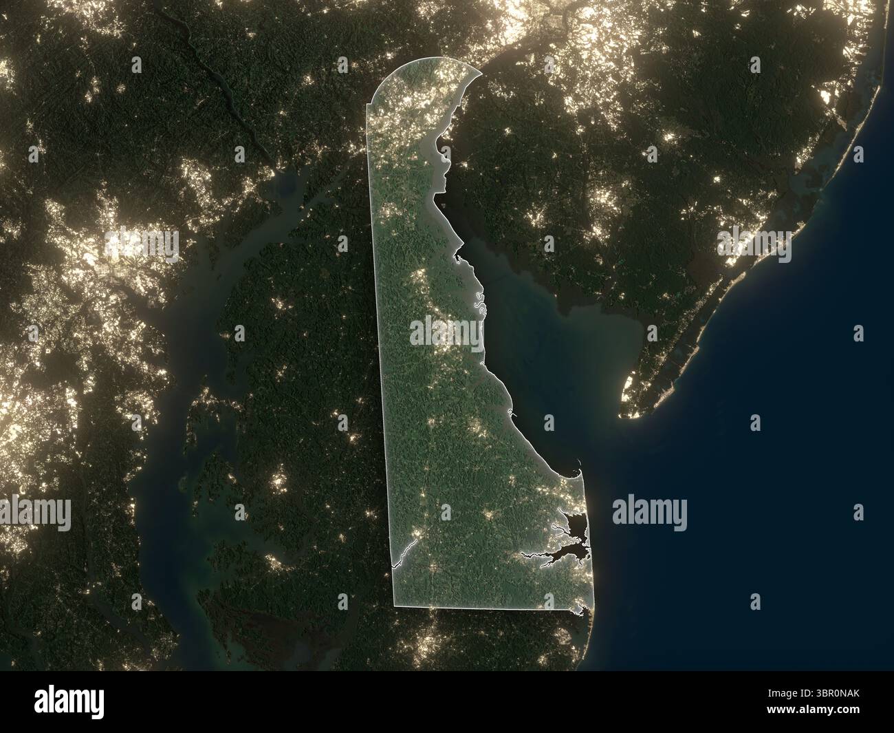 Detailed night map of Delaware with clear state borders and glowing ...