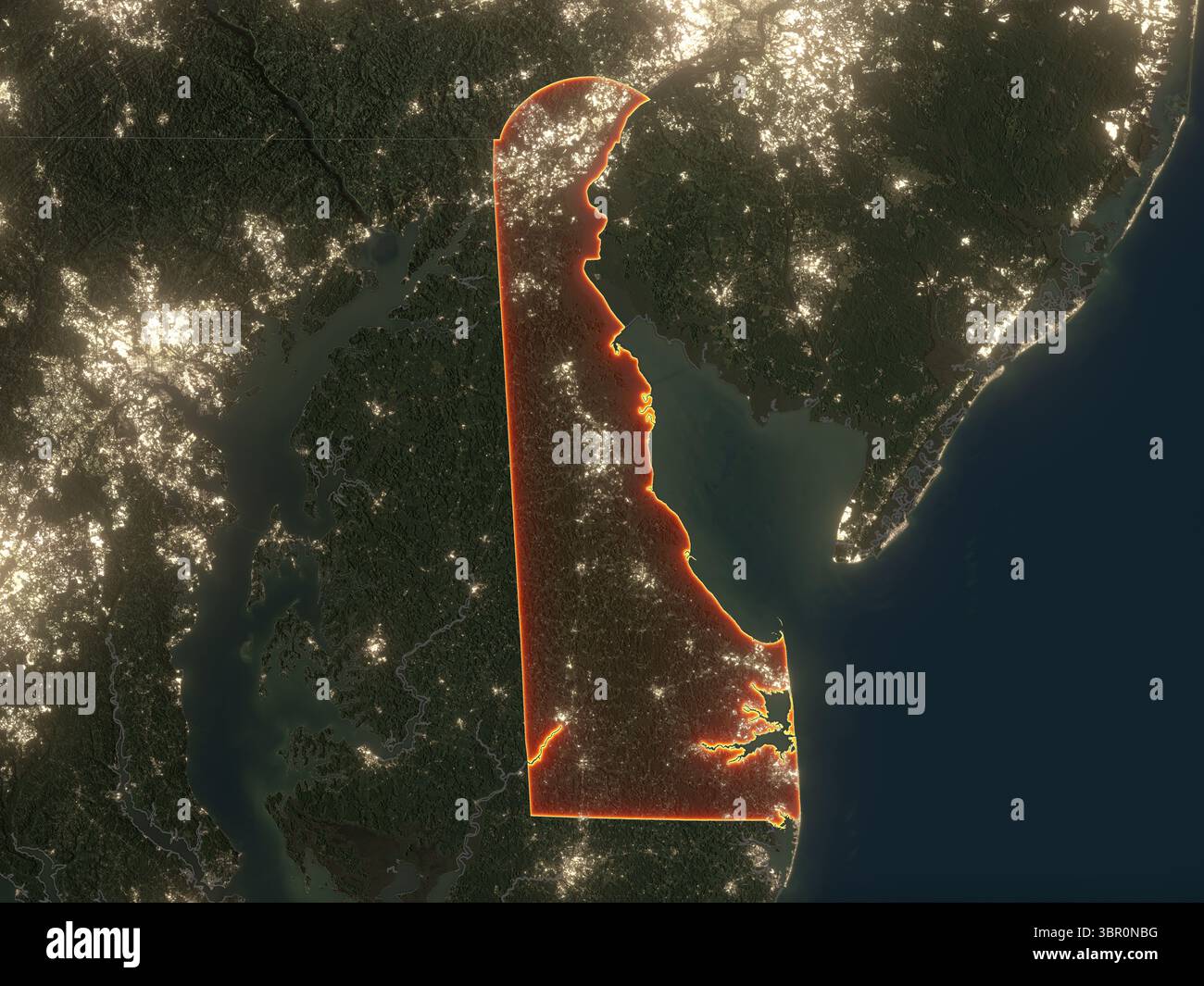 Detailed night map of Delaware with red state borders and glowing city ...