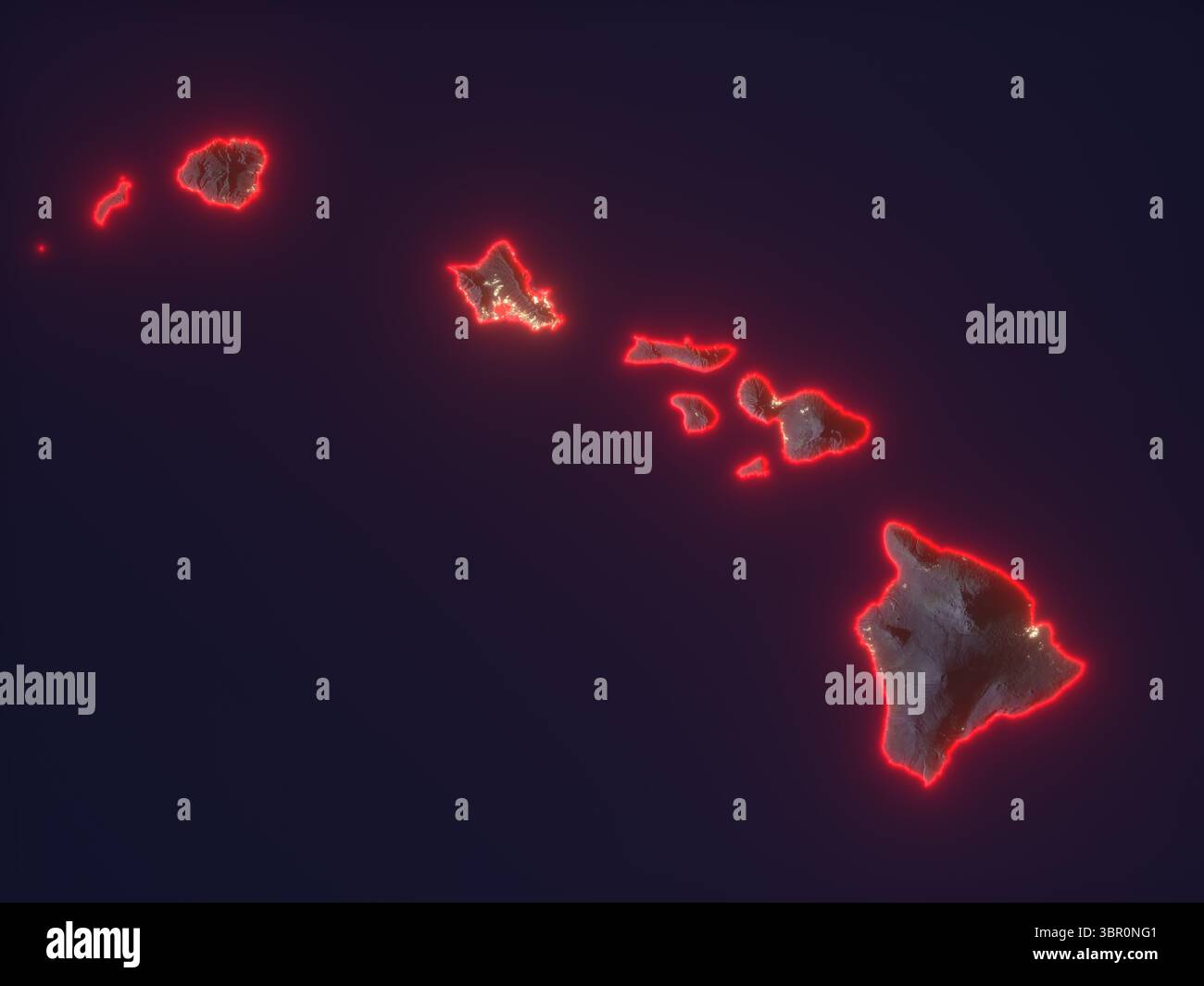 Night map of Hawaii with red state borders and glowing bright city ...