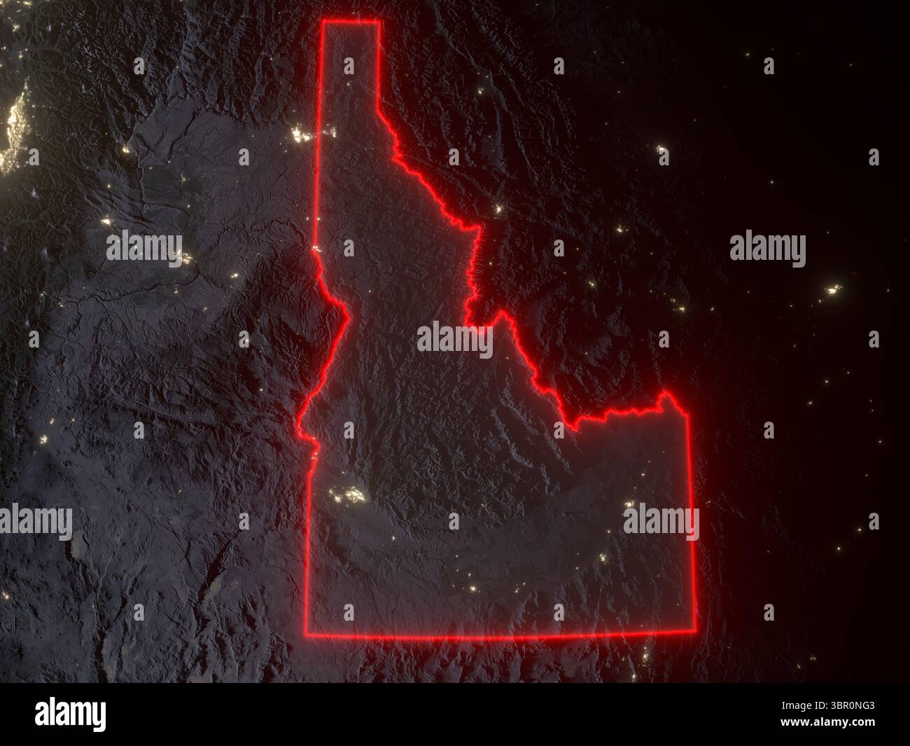 Night map of Idaho with red state borders and glowing bright city ...
