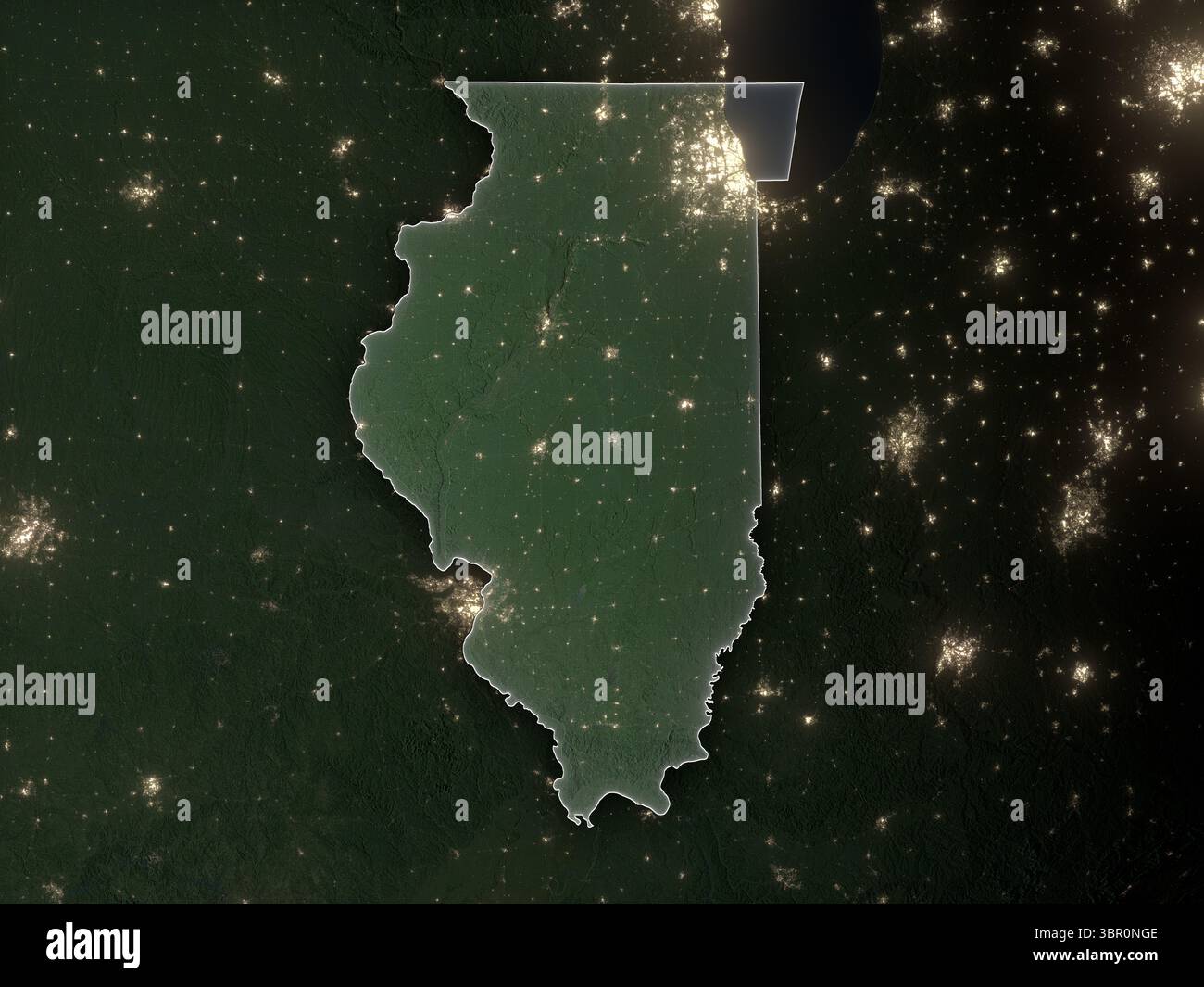 Detailed night map of Illinois with clear state borders and glowing ...