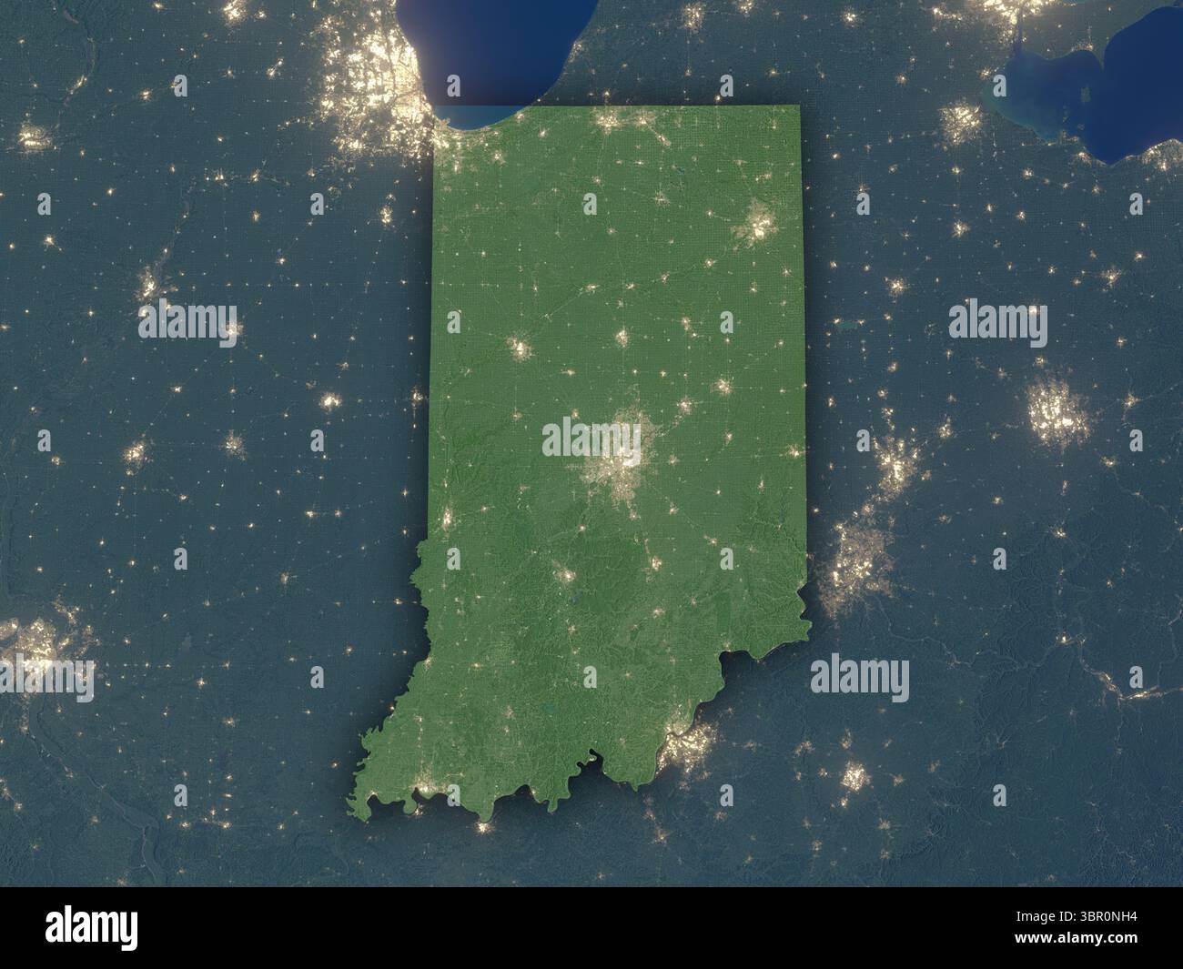 Very detailed night map of Indiana with clear state borders and visible ...
