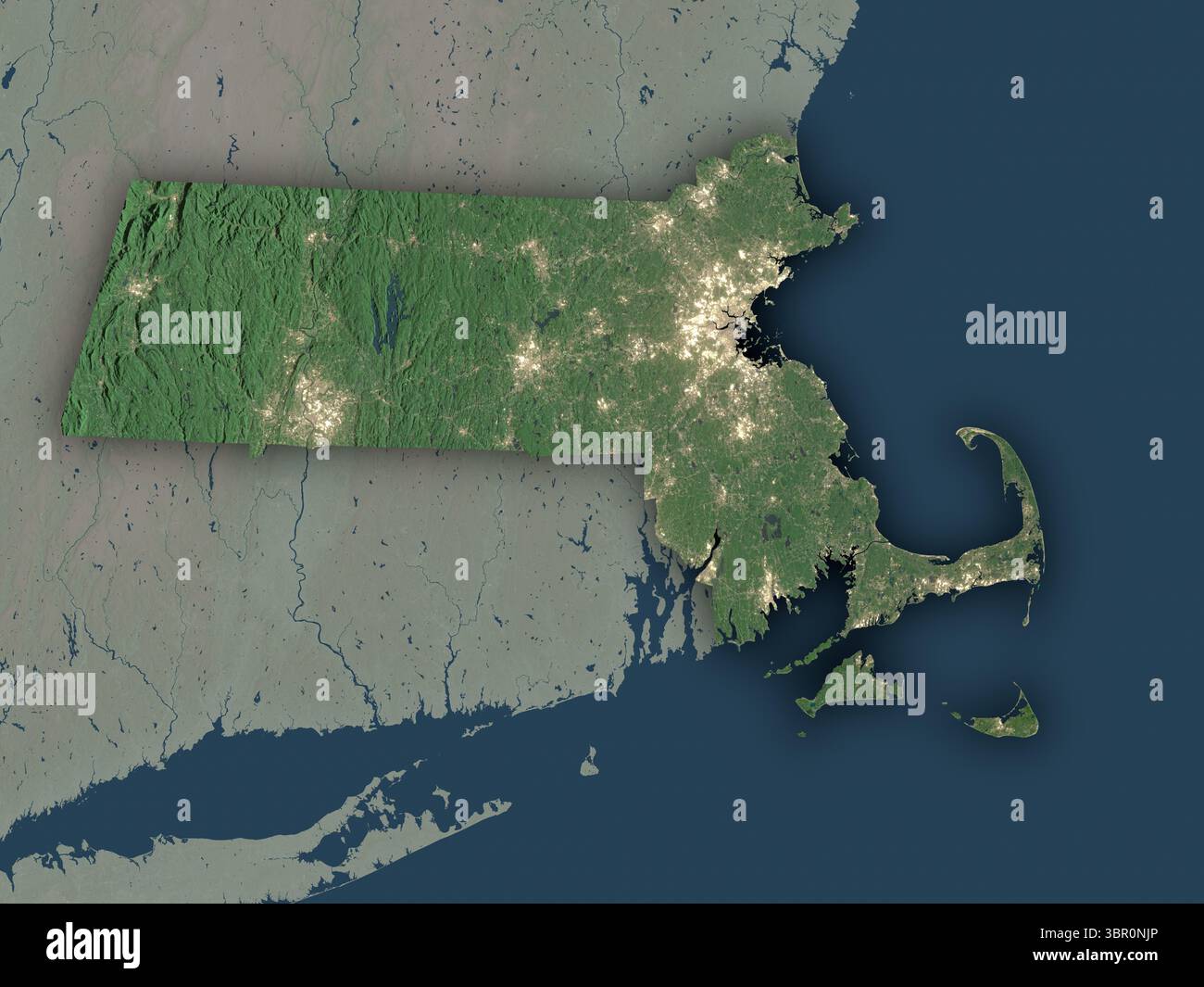 Very detailed map of Massachusetts with clear state borders and visible ...
