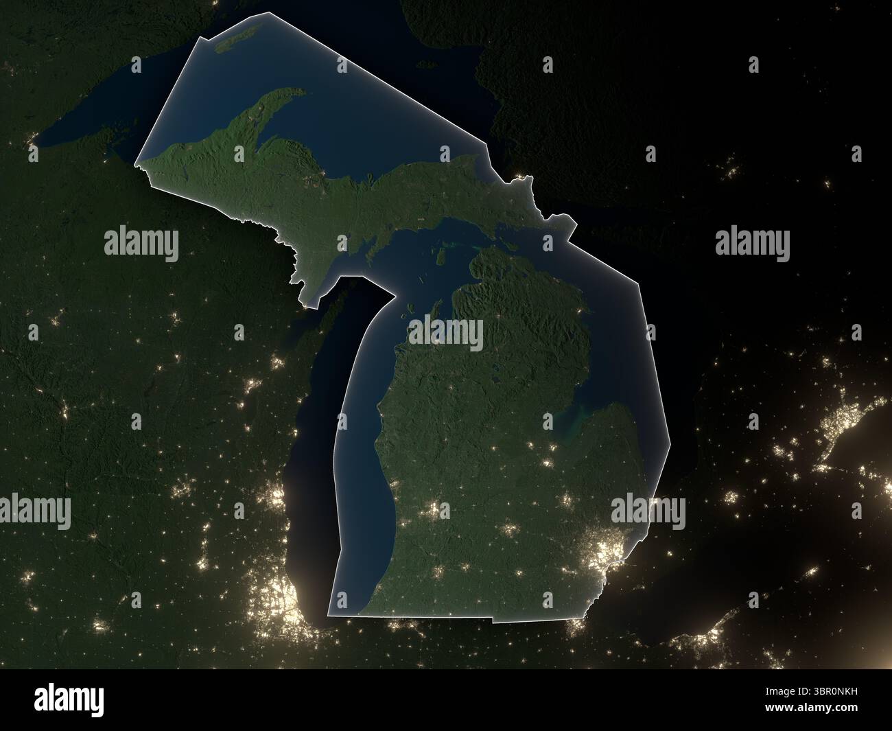 Detailed night map of Michigan with clear state borders and glowing ...