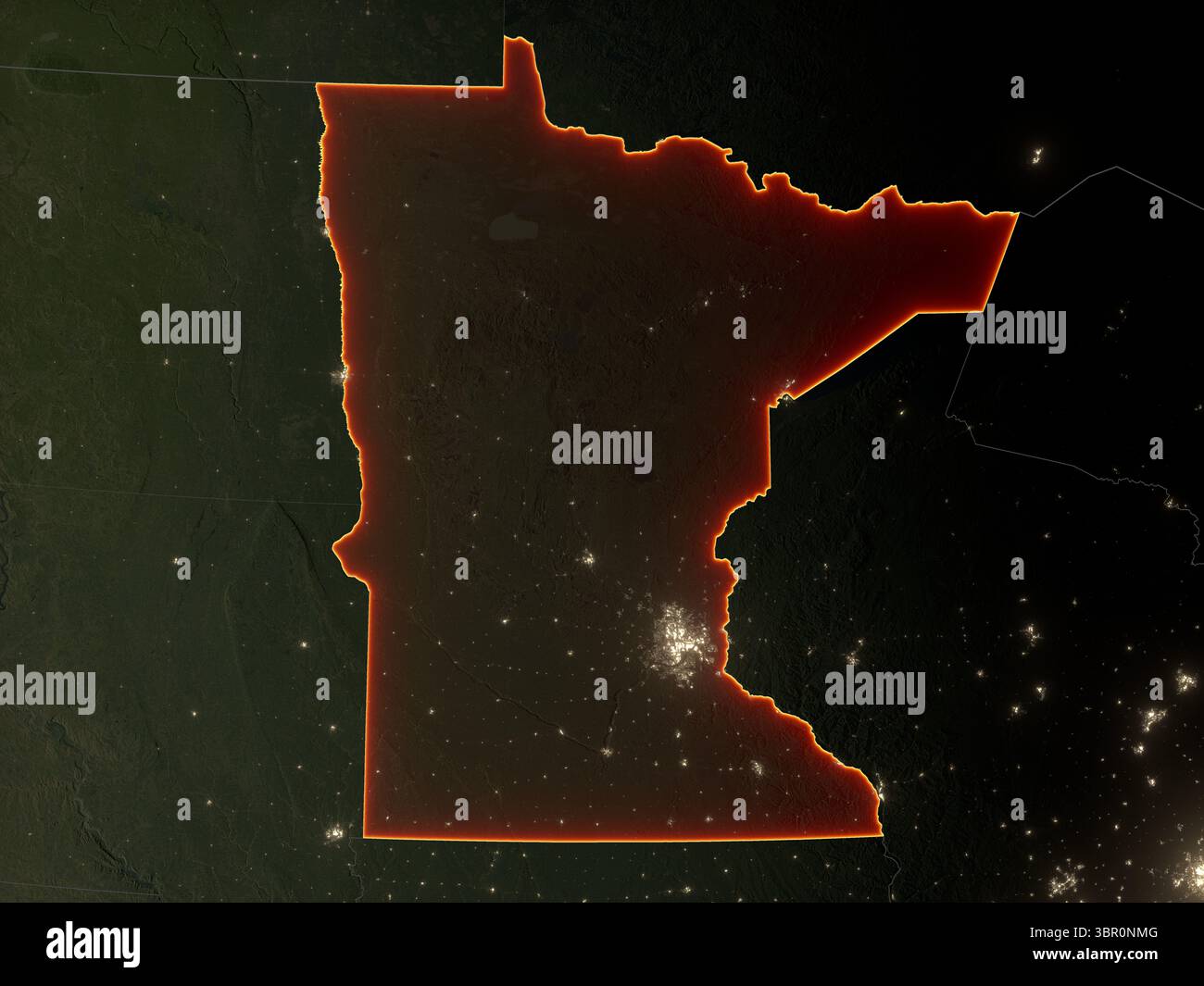 Detailed night map of Minnesota with red state borders and glowing city ...