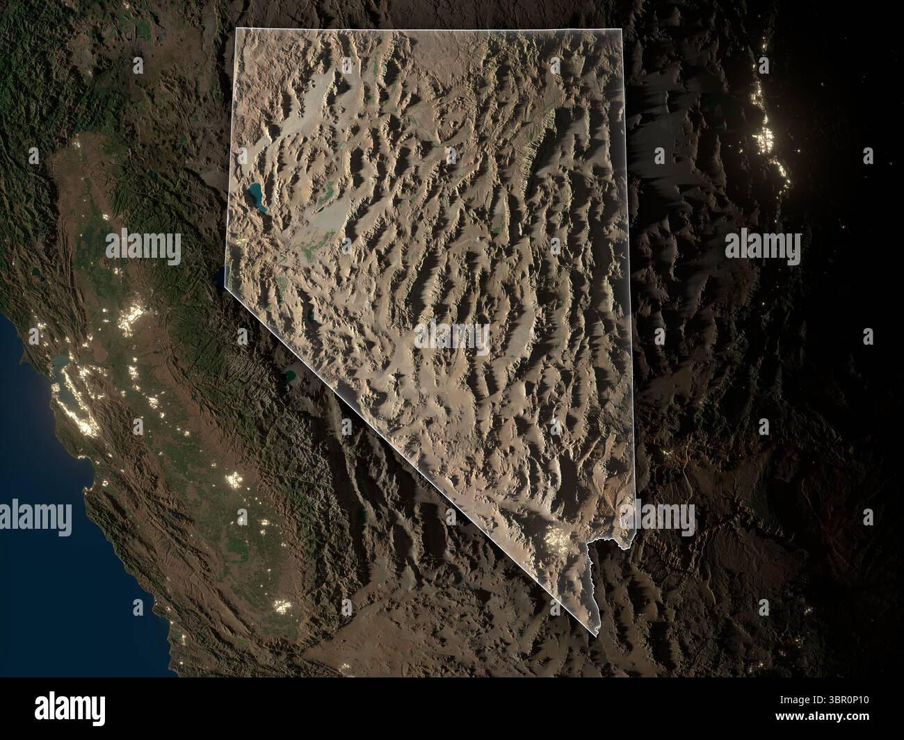 Detailed night map of Nevada with clear state borders and glowing city ...