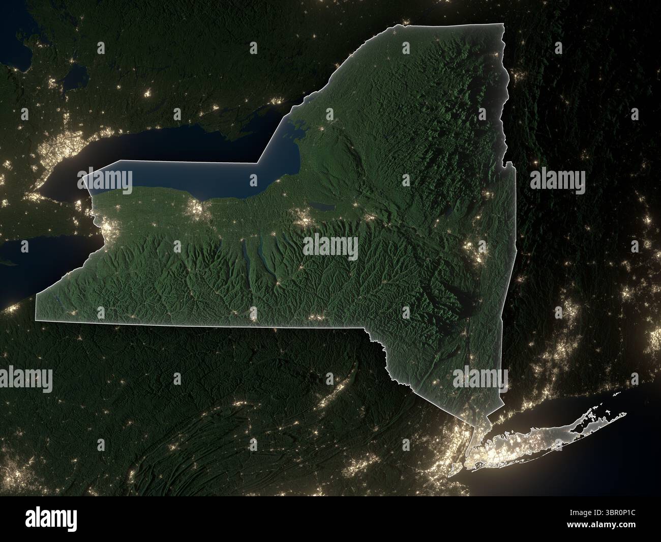 Detailed night map of New York with clear state borders and glowing ...