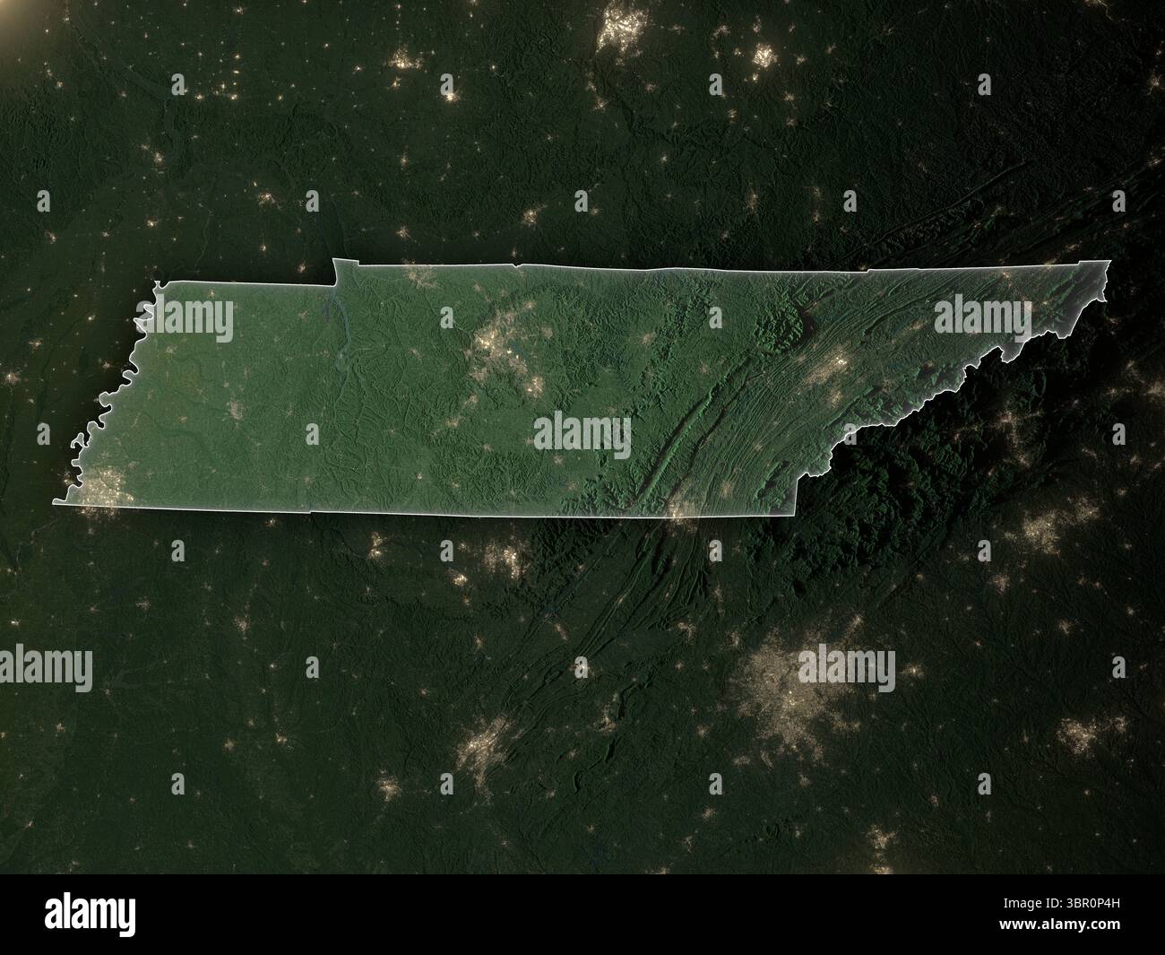 Detailed night map of Tennessee with clear state borders and glowing ...