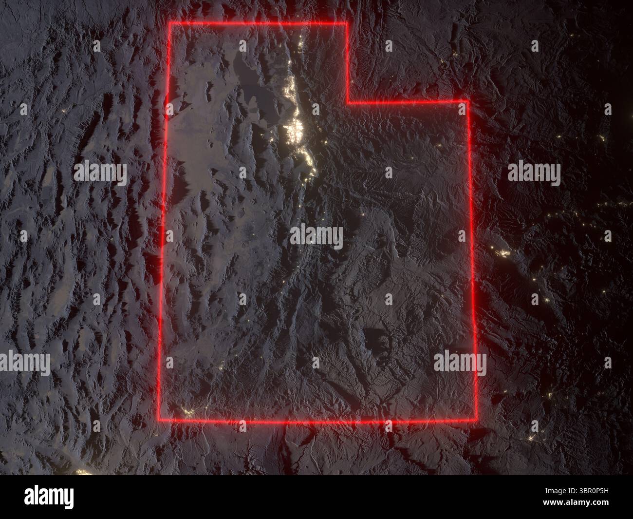 Night map of Utah with red state borders and glowing bright city lights ...