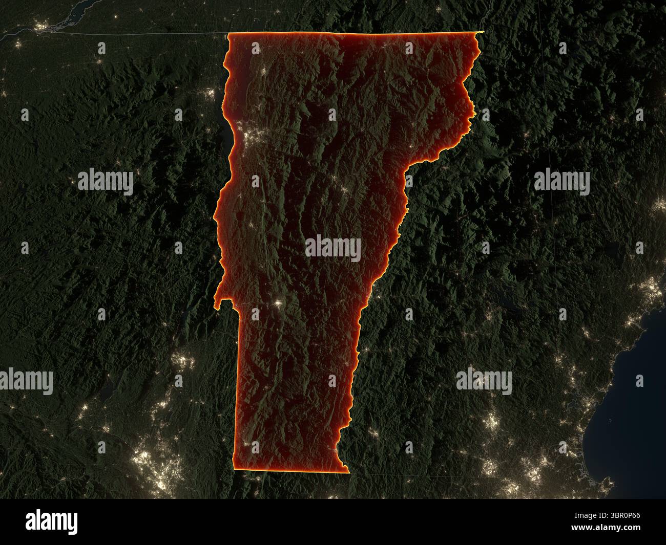 Detailed night map of Vermont with red state borders and glowing city ...