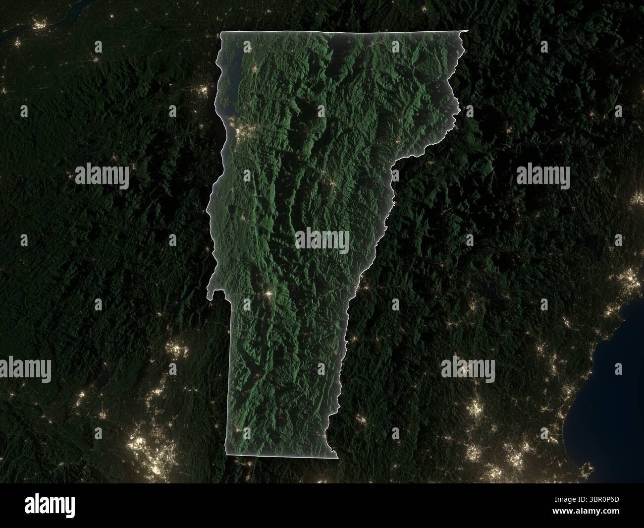 Detailed night map of Vermont with clear state borders and glowing city ...