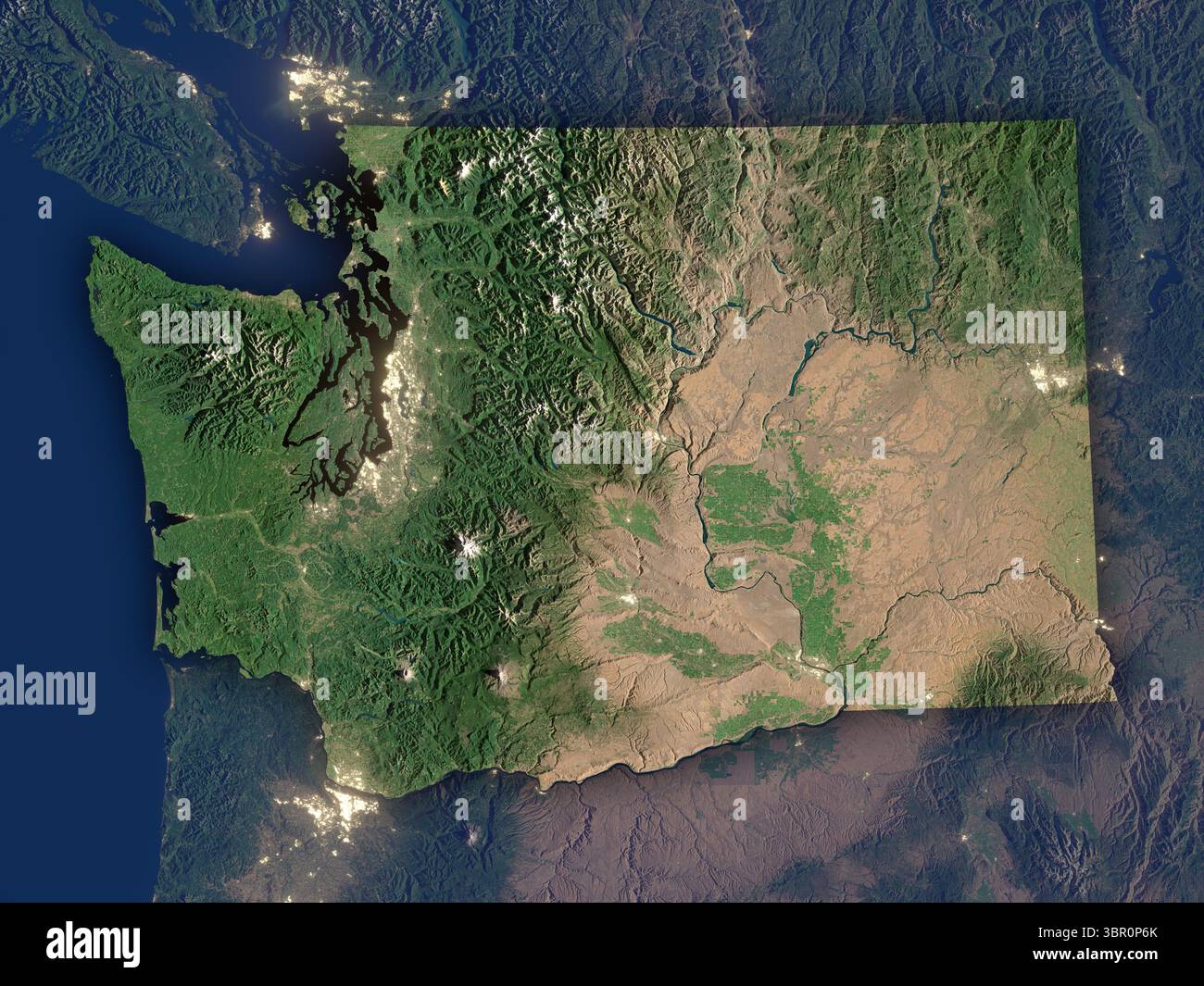 Very detailed night map of Washington with clear state borders and ...