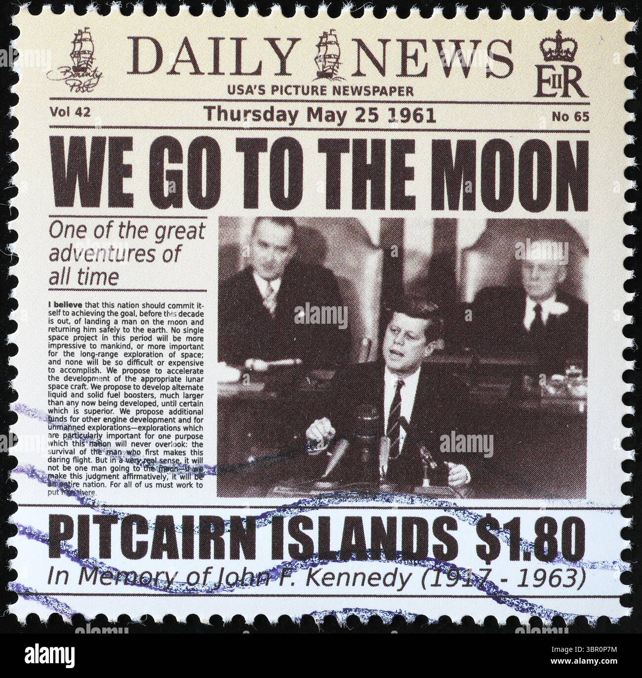 John Kennedy announces moon landing, newspaper title on postage stamp ...