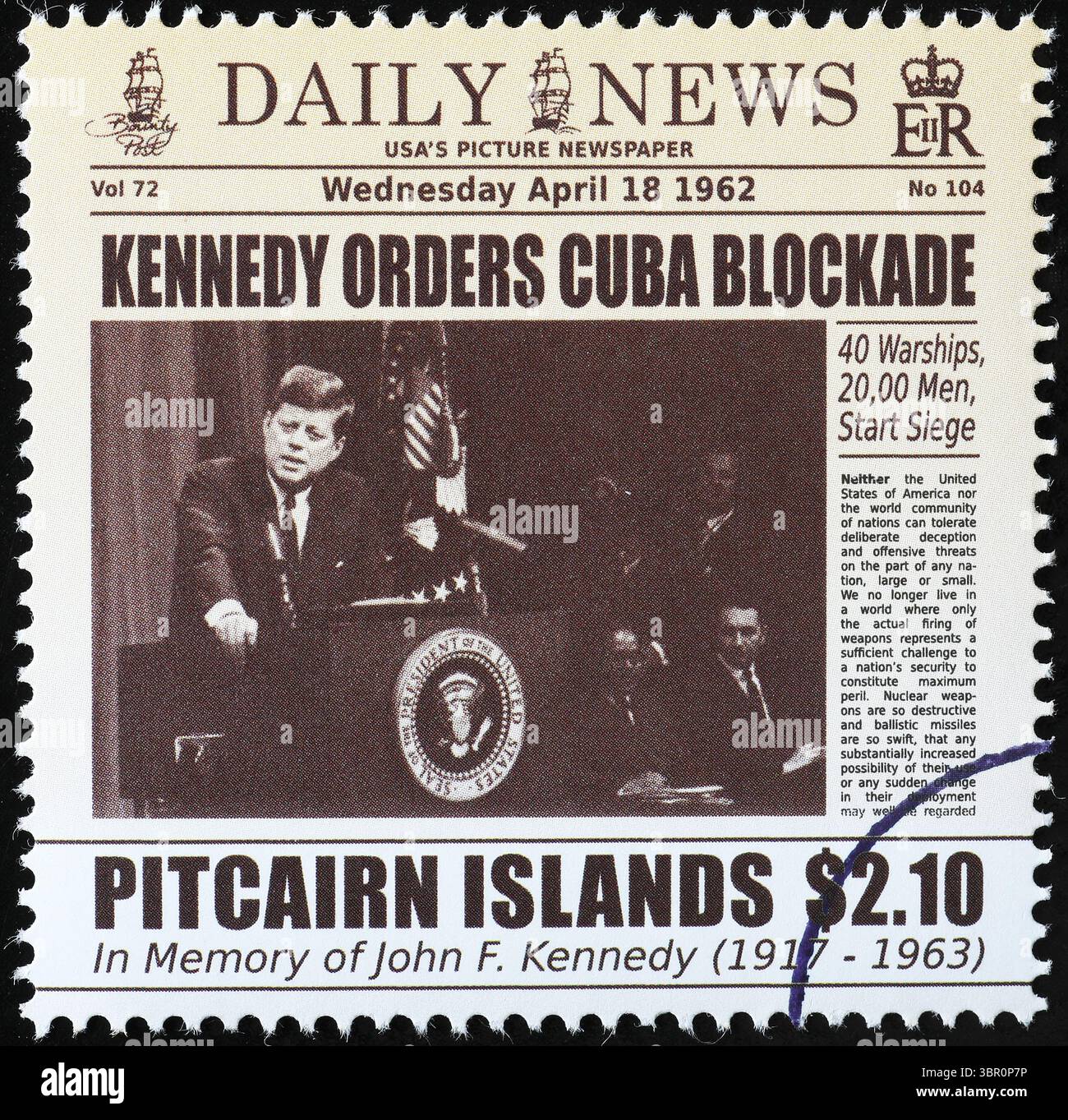 John Kennedy orders Cuba blockade, newspaper title on postage stamp ...