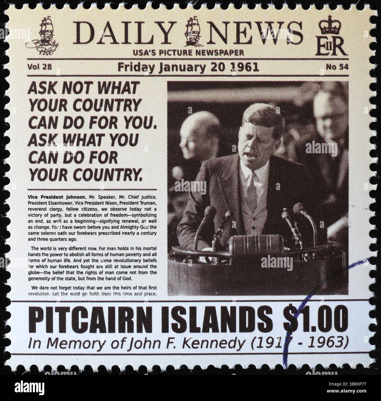 John Kennedy says one of his most famous sentences, newspaper title on postage stamp Stock Photo ...